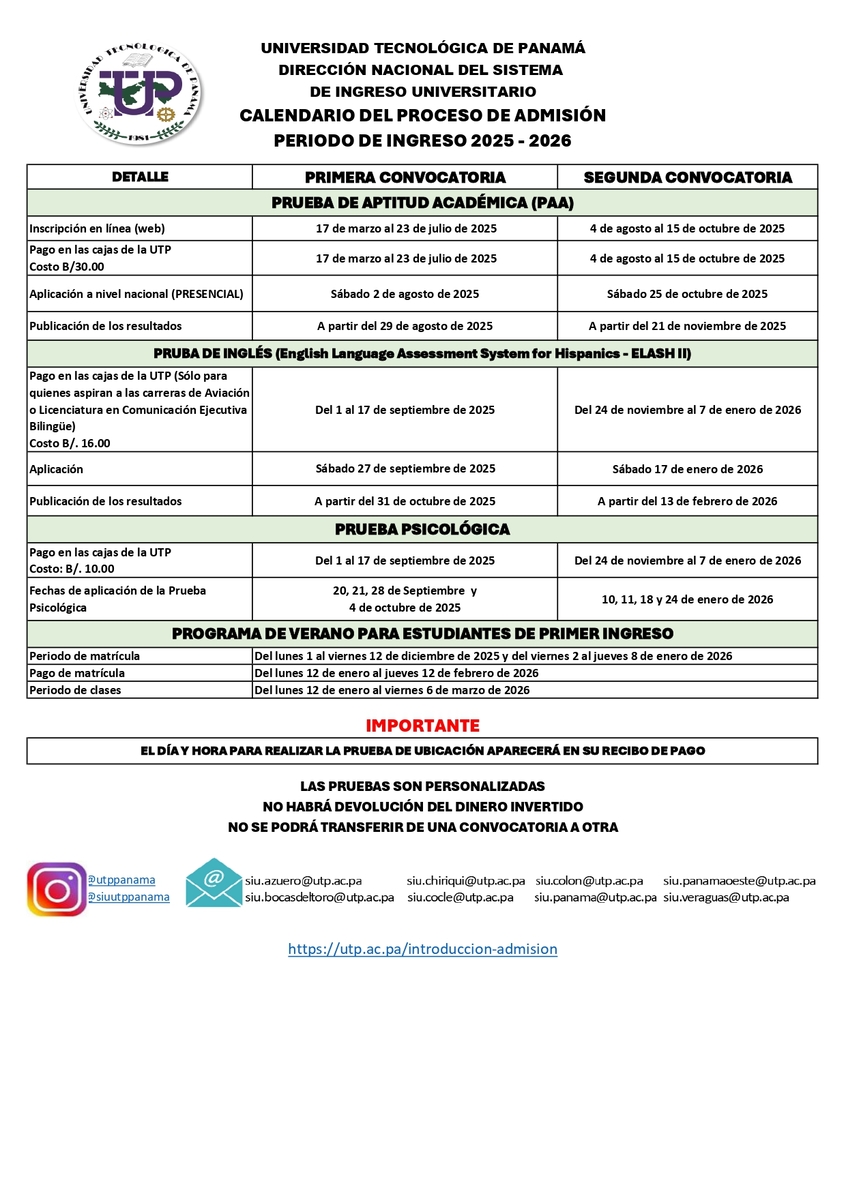 CALENDARIO DE ADMISIÓN 2025-2026